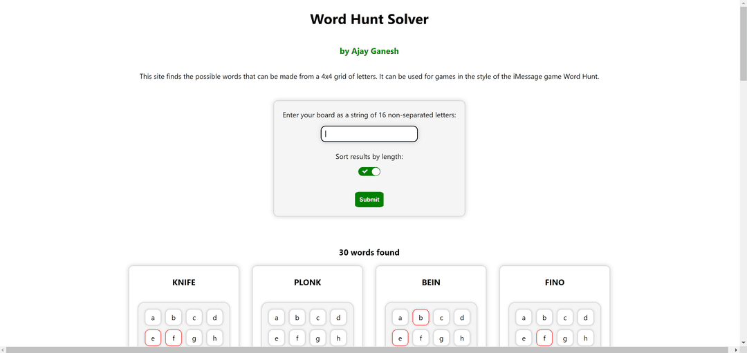 A Solver for the iMessage game Word Hunt